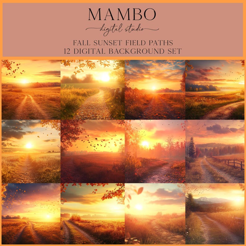 Fall Sunset Field Path Scenes Digital Backdrop Set, Photoshop ...