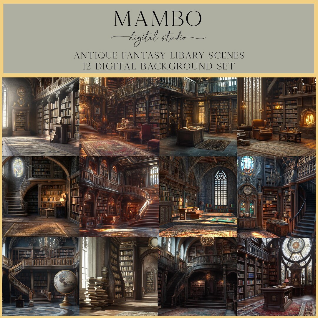 Antique Fantasy Library Scenes Digital Backdrop Set, Photoshop ...