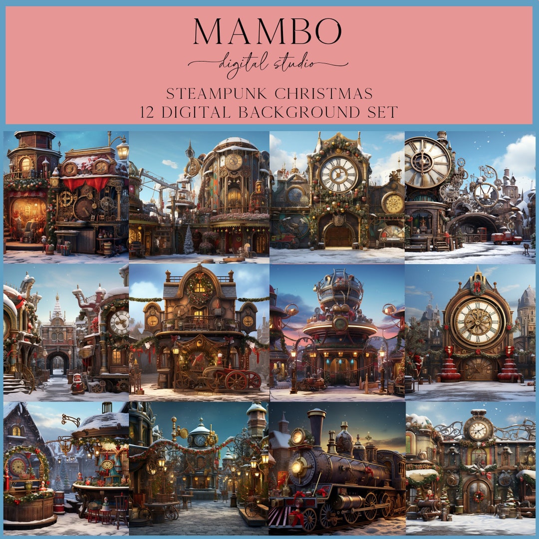 Steampunk Christmas Scenes Snowy Dance Digital Backdrop Set, Photoshop ...
