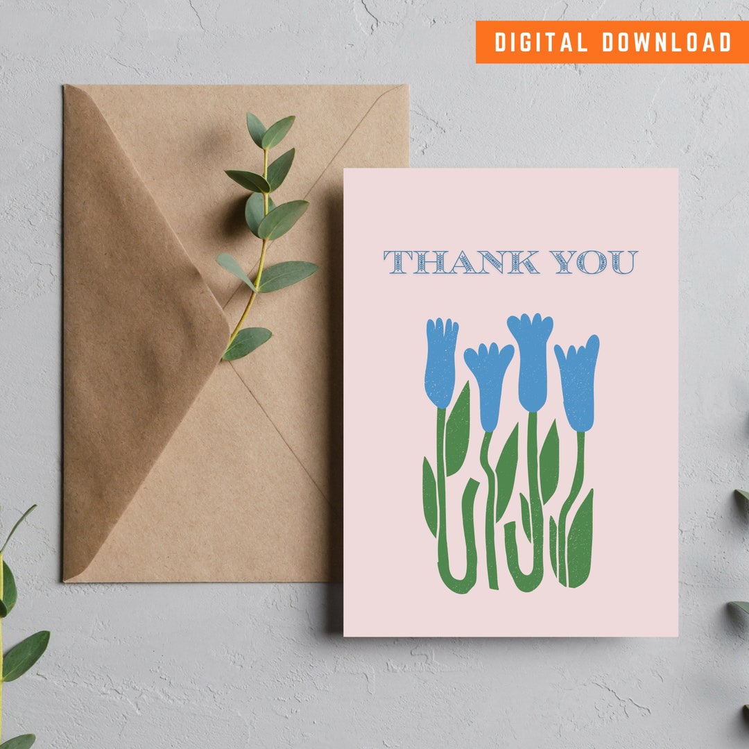 Thank You Card Blue Flowers 5x7 Folded Printable Card DIY Digital ...