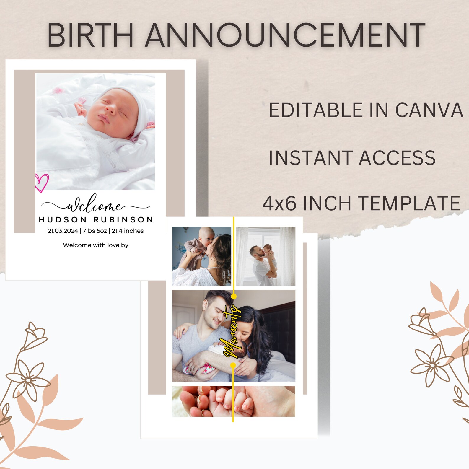 Baby Birth Announcement Template, New Born Baby Announcement Card With ...