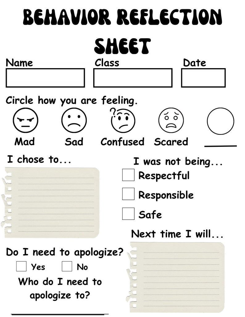 Behavior Reflection Sheet - Etsy