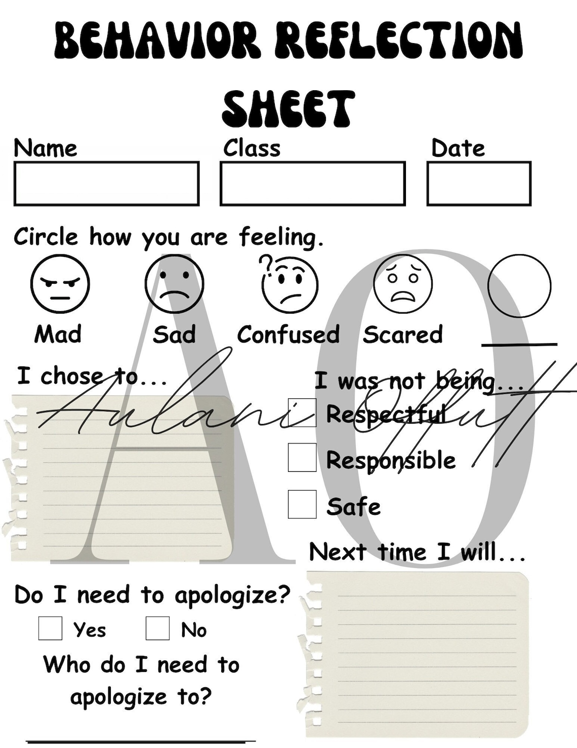 Behavior Reflection Sheet - Etsy