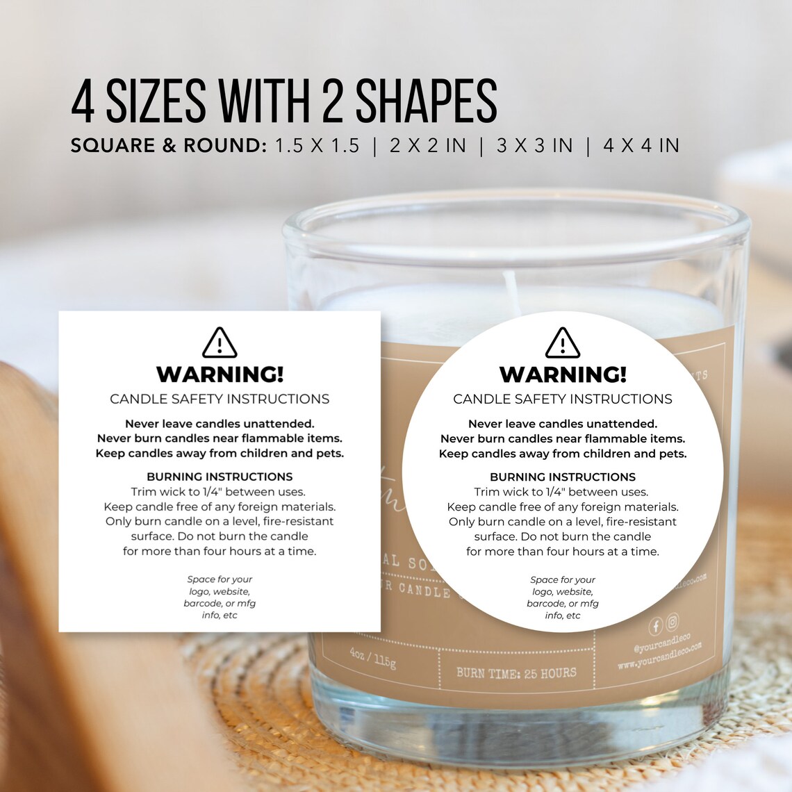 Editable Canva Candle Warning Label, Printable Candle Label, Small ...