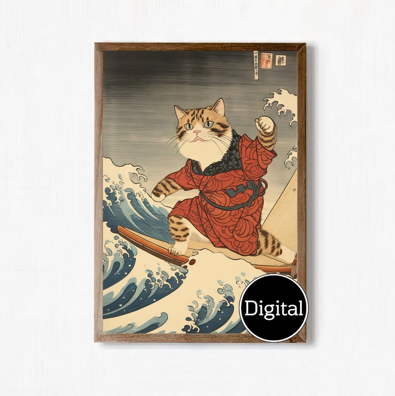 Japanese Ukiyo-e Printable Art | Surfing Cat | Traditional Japanese Print Japanese Wall Art Edo ...
