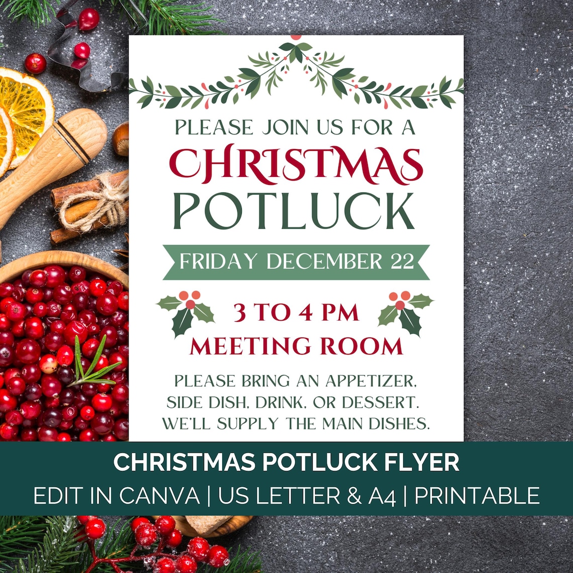 Holiday Potluck Flyer Templates, Winter Potluck Sign, Christmas Office ...