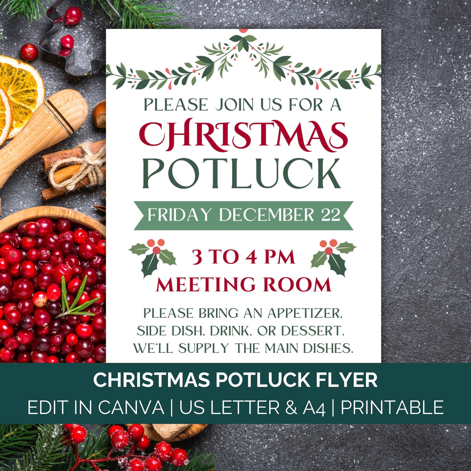 Holiday Potluck Flyer Templates, Winter Potluck Sign, Christmas Office ...