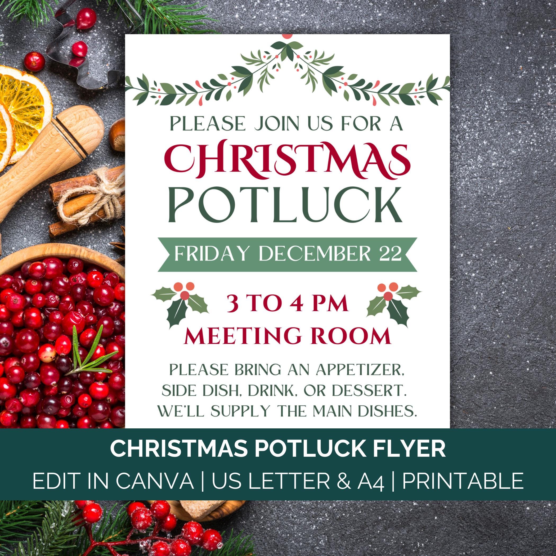 Holiday Potluck Flyer Templates, Winter Potluck Sign, Christmas Office ...