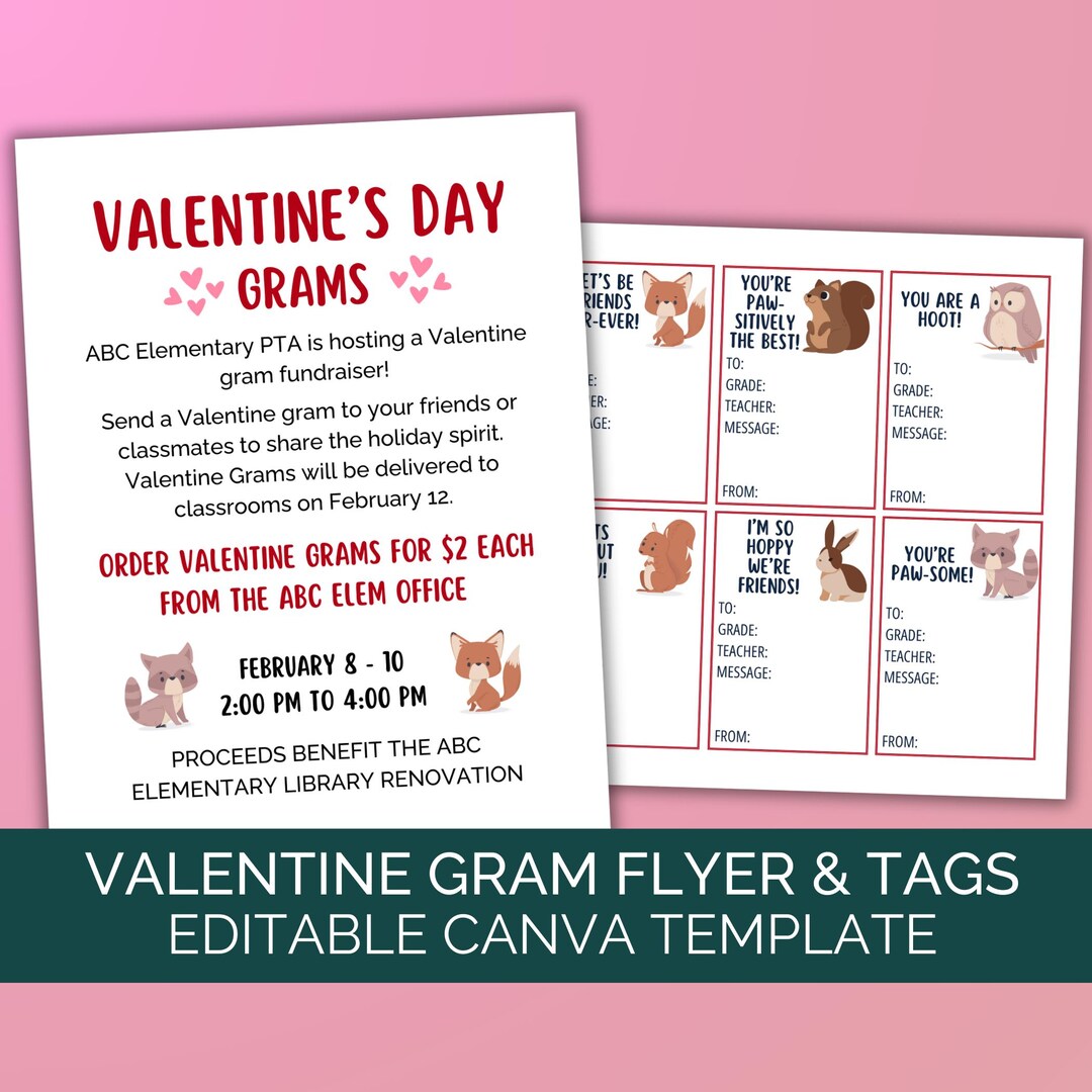 Valentines Day Gram Fundraiser Canva Template, Animal Valentine Candy ...