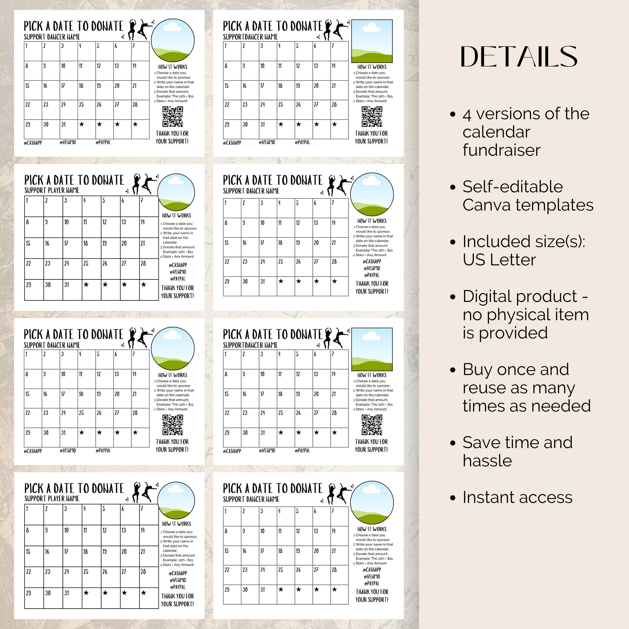 Dance Team Fundraiser Editable, Pick A Date to Donate Calendar for ...