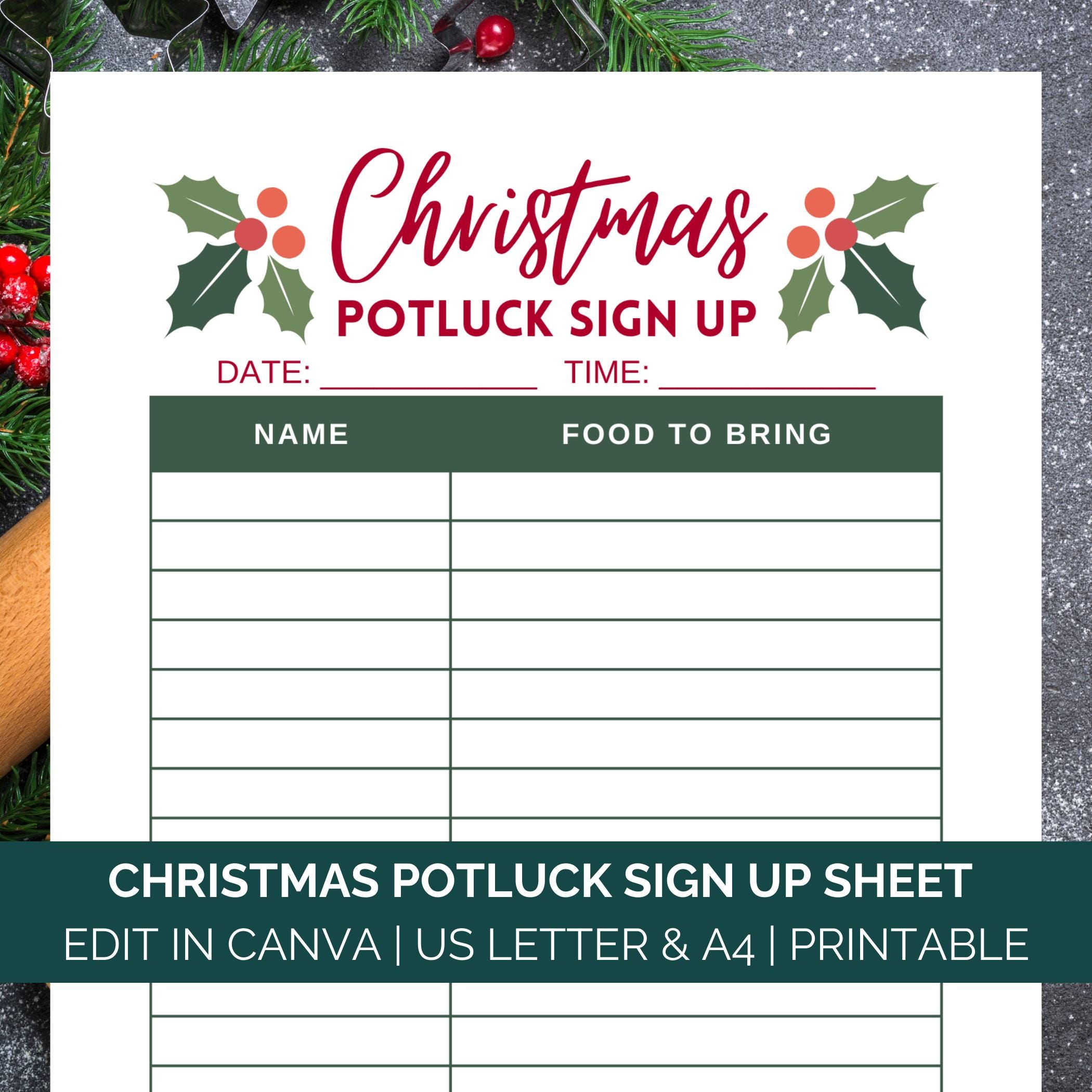 Printable Holiday Potluck Signup Sheet Canva, Christmas Potluck Sign up ...