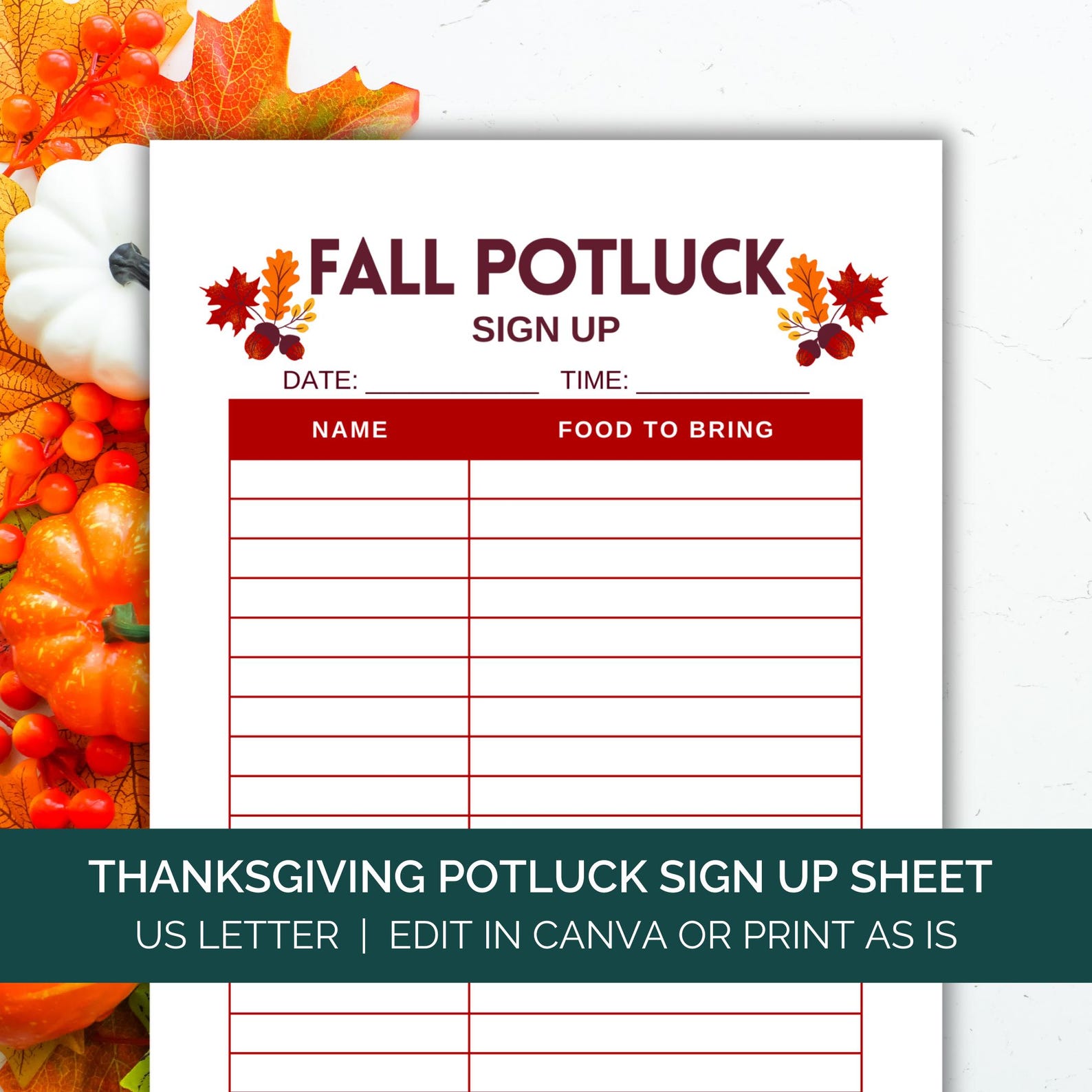 Fall Potluck Sign up Sheet Template, Printable Holiday Potluck Signup ...