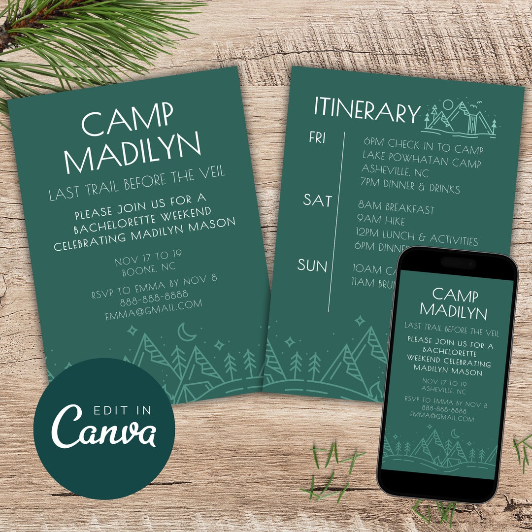 Camping Bachelorette Invitation Canva, Camp Theme Bachelorette ...