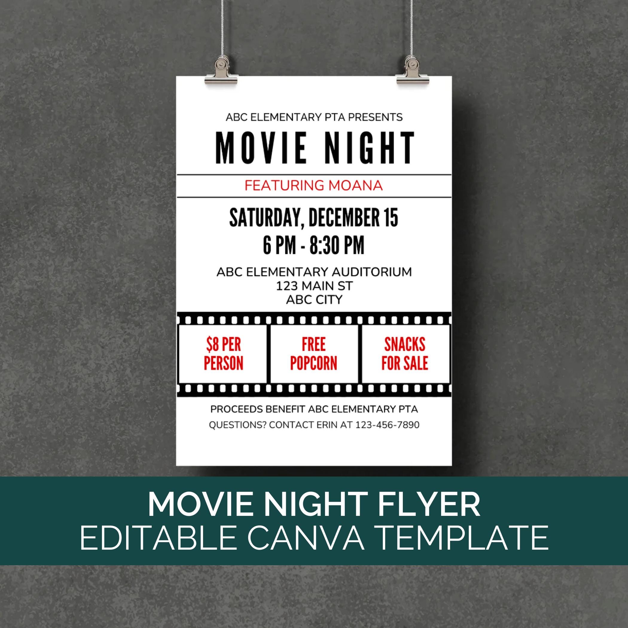 Movie Night Fundraiser Flyer Canva Template, PTO Movie Night Flyer for ...