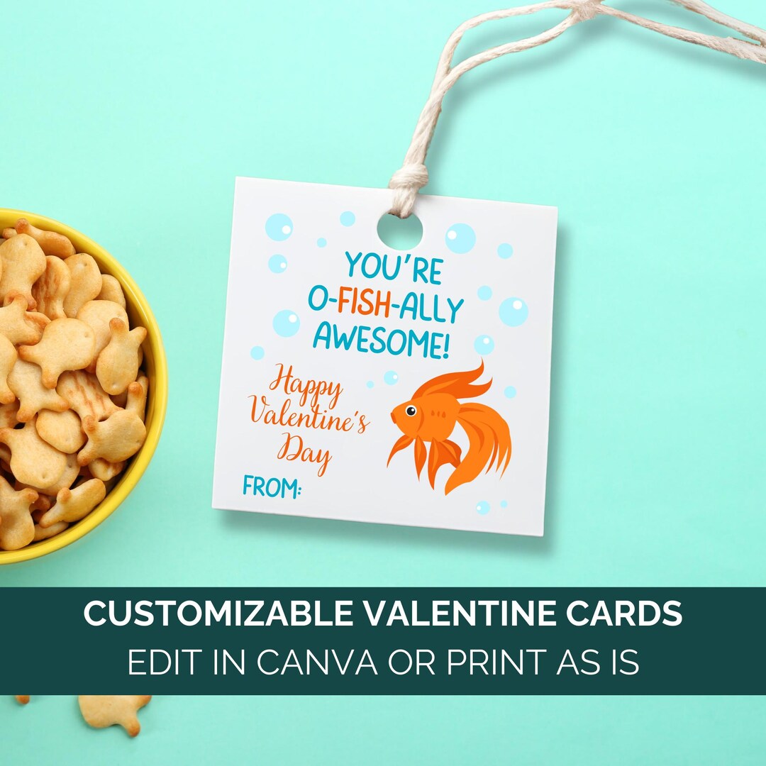 Fish Valentine's Day Card Canva Template, Valentine Tags for Kids, Fish ...