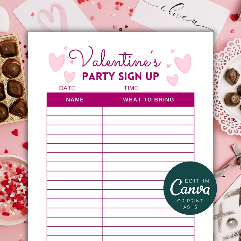 Valentines Party Sign up Sheet, Valentine's Day Sign up Sheet, Potluck ...