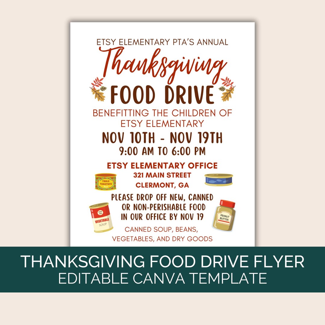 Thanksgiving Food Drive Flyer Canva Template, Fall Food Collection ...