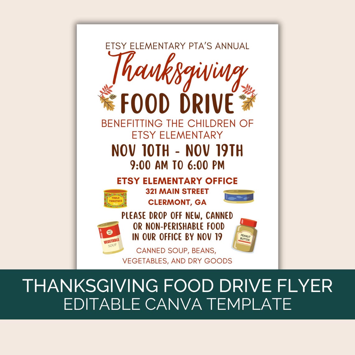 Thanksgiving Food Drive Flyer Canva Template, Fall Food Collection ...