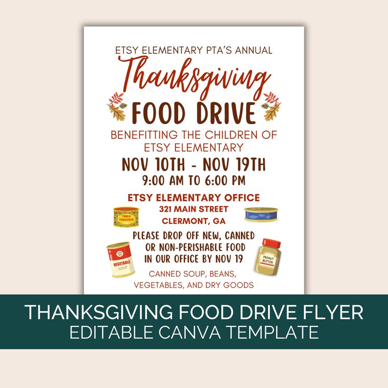 Thanksgiving Food Drive Flyer Canva Template, Fall Food Collection ...