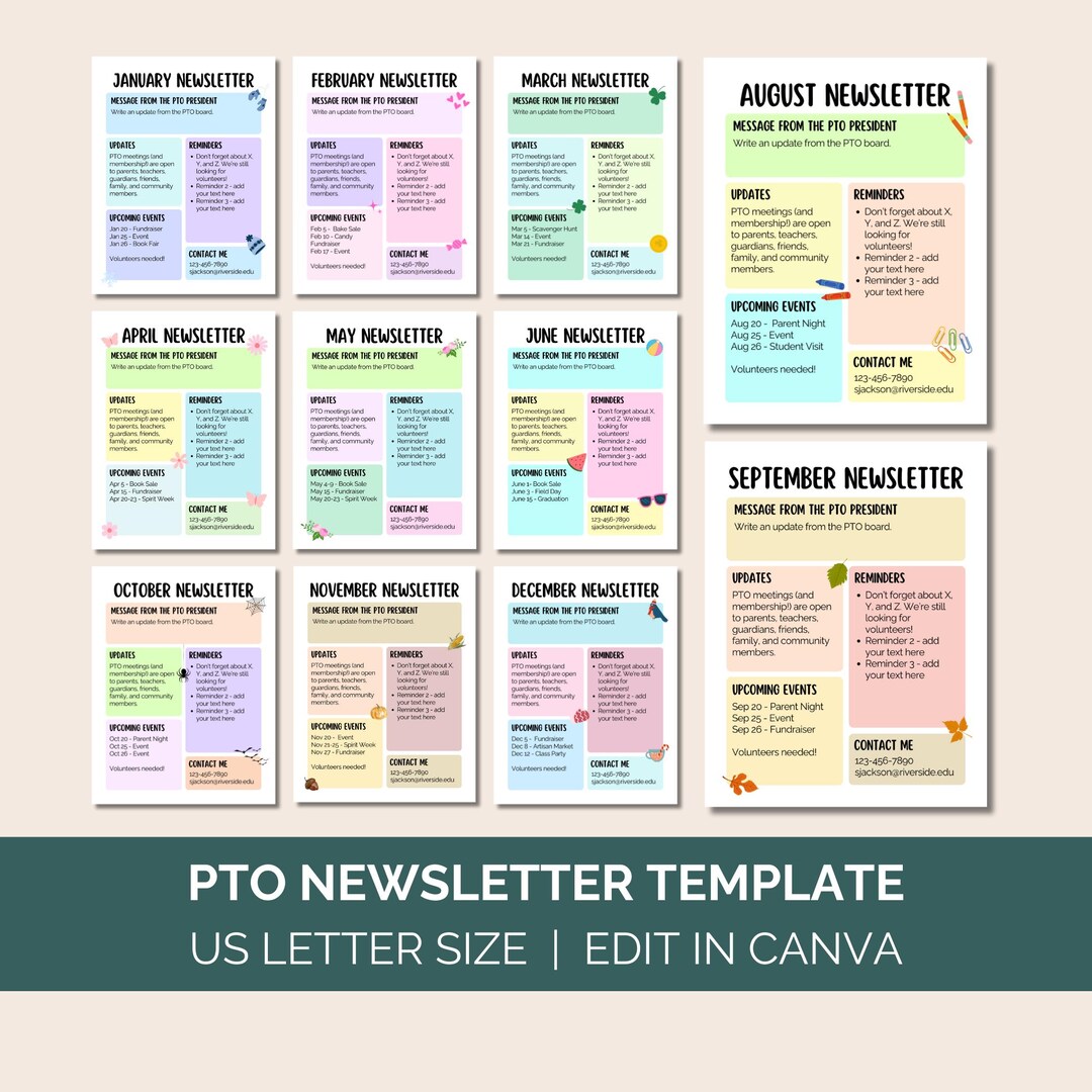 Monthly PTO Newsletter Canva Template, Seasonal Classroom Newsletter ...