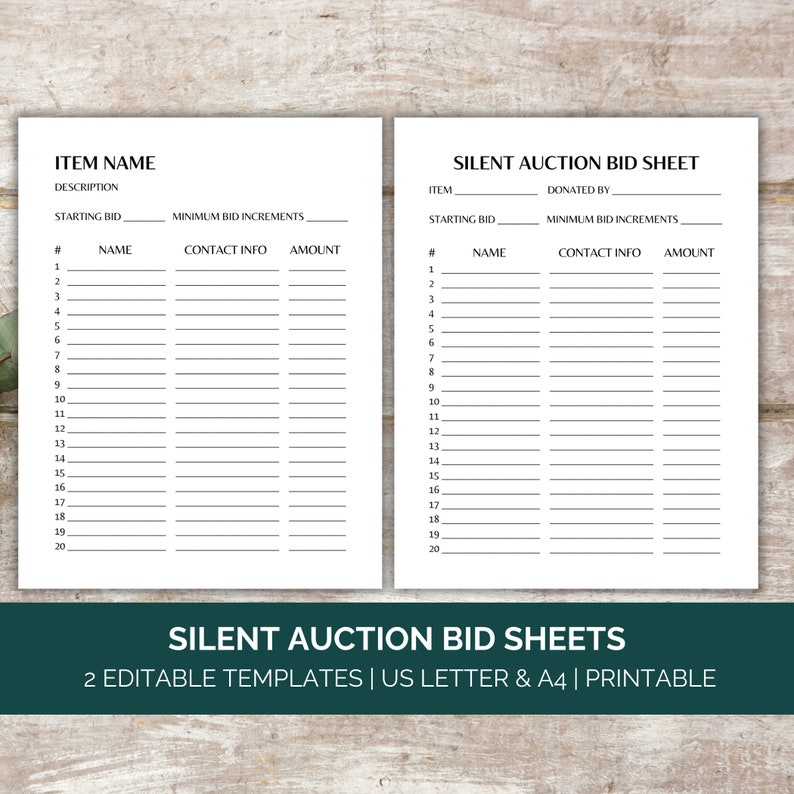 Silent Auction Bid Sheets, Printable Silent Auction Sign up Template ...