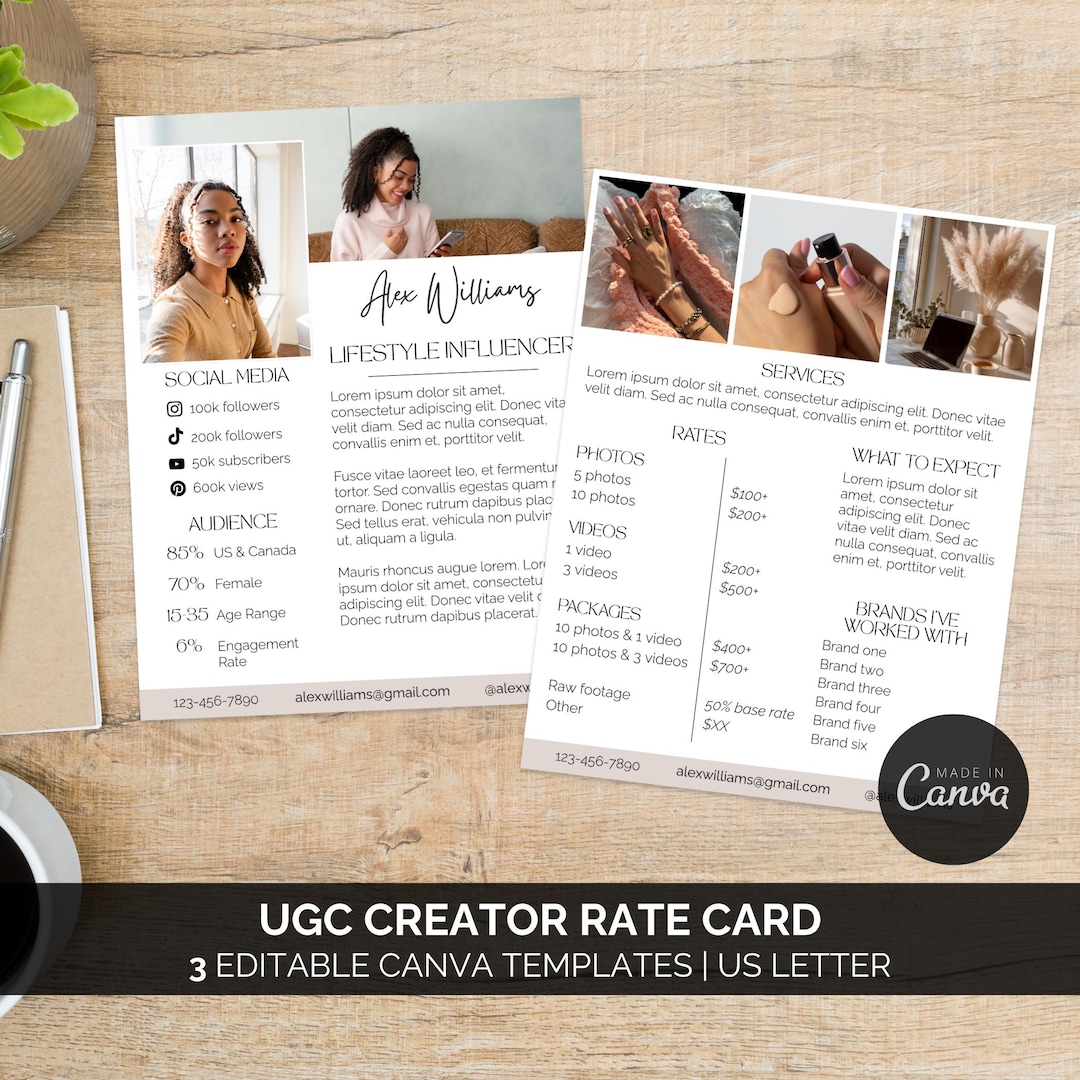 Two Page UGC Pricing Guide Sheet | UGC Rate Card Template | Influencer ...