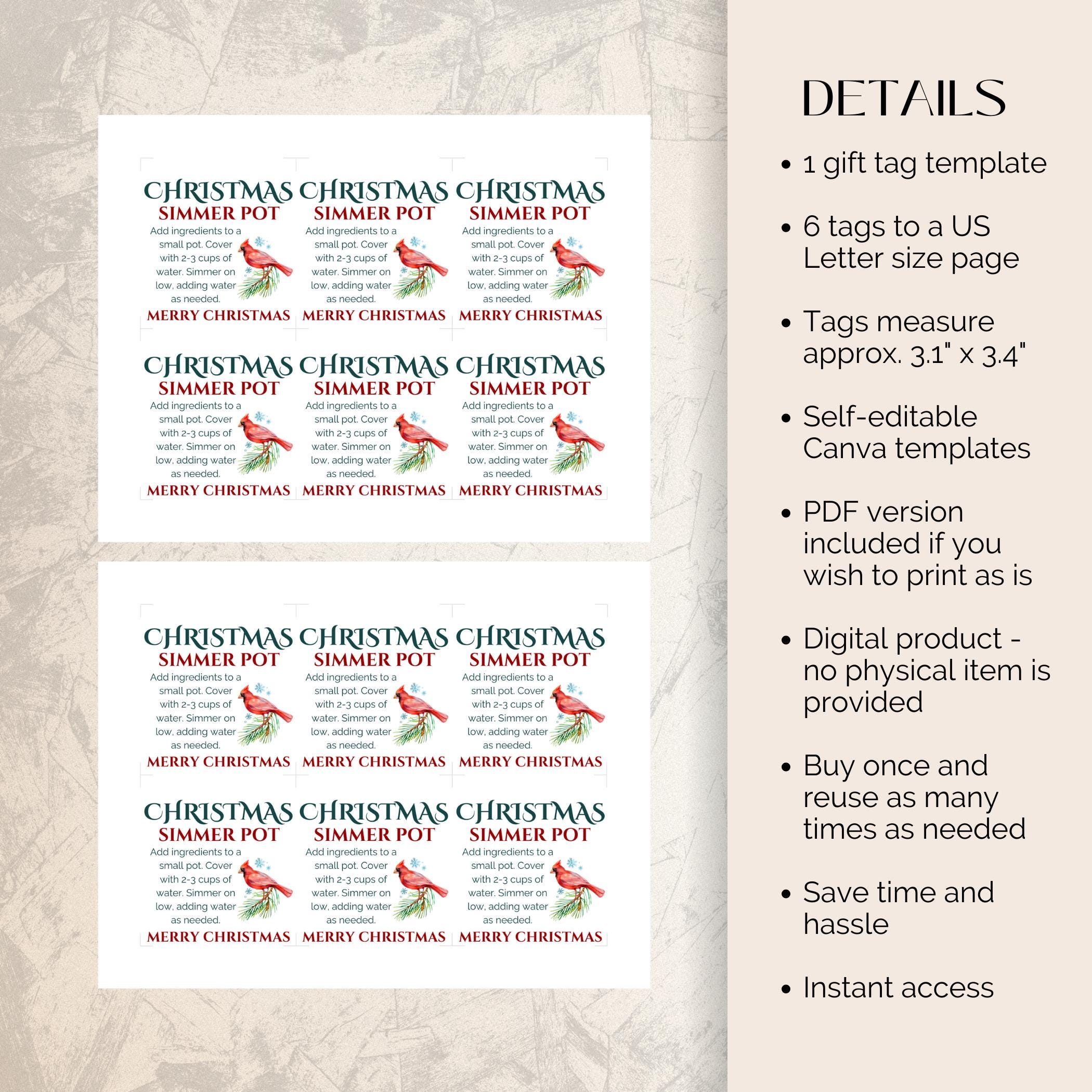 Christmas Simmer Pot Tag, Cardinal Holiday Stovetop Potpourri Gift Tag ...