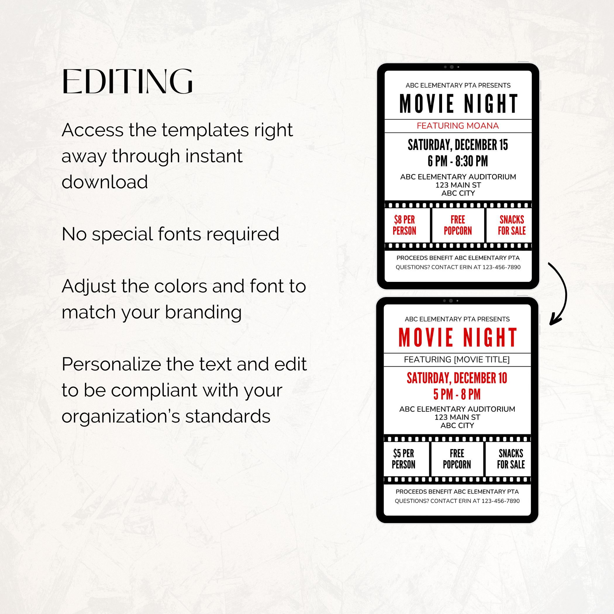 Movie Night Fundraiser Flyer Canva Template, PTO Movie Night Flyer for ...