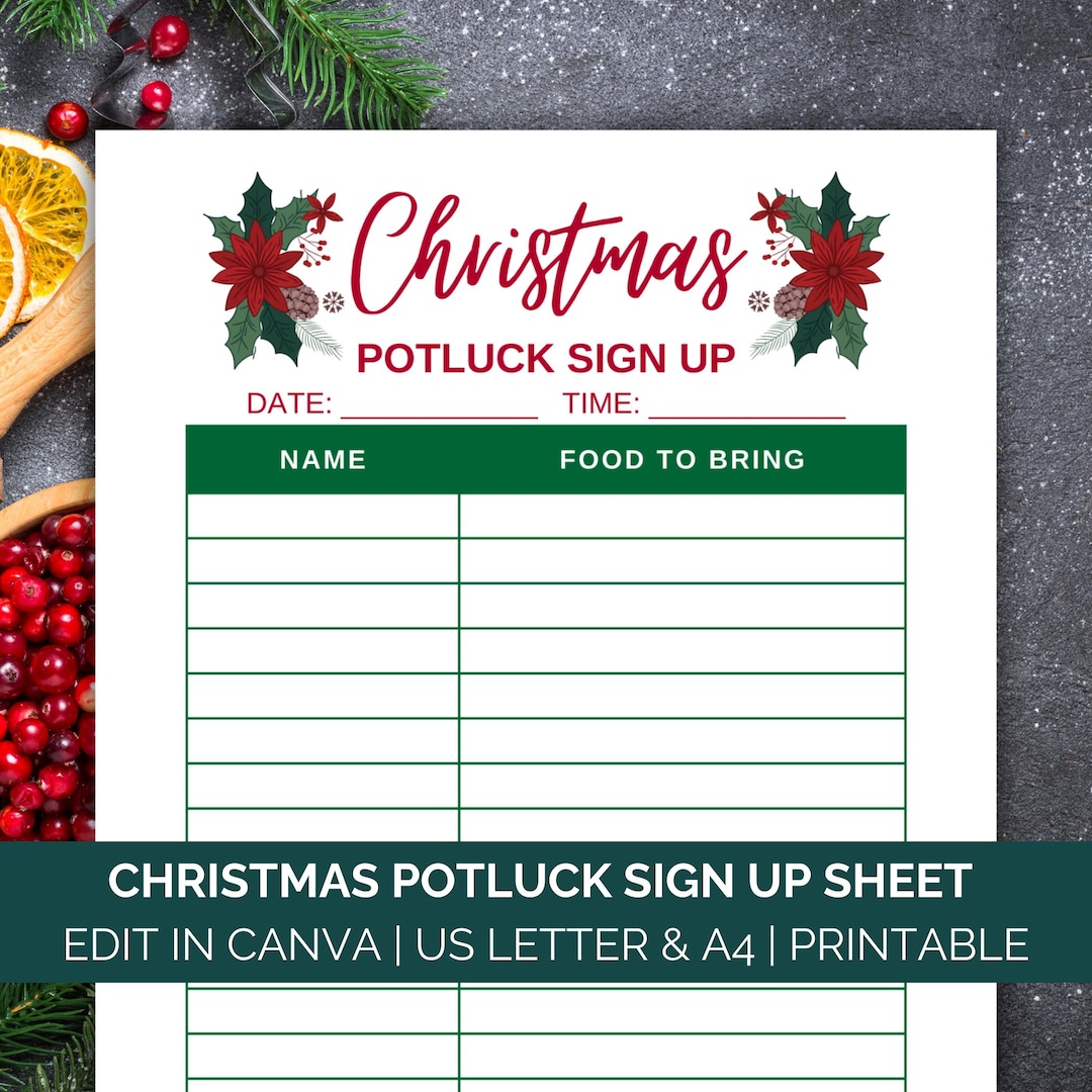 Christmas Potluck Sign up Sheet Template, Printable Holiday Potluck ...