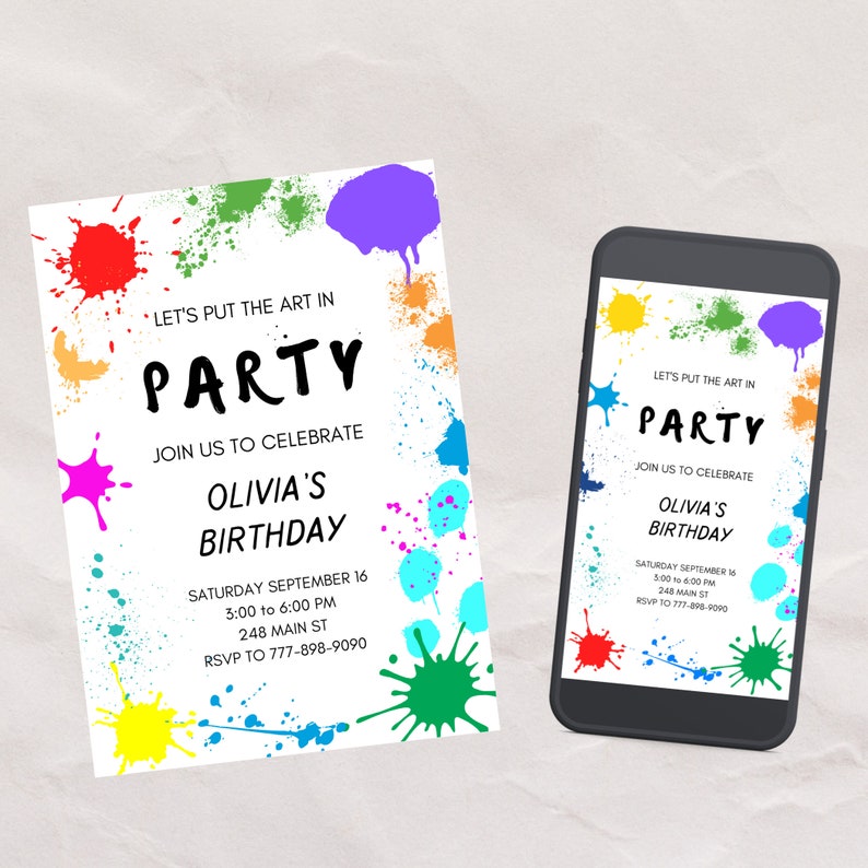 Art Theme Birthday Party Invitations Digital Download, Splatter Paint ...