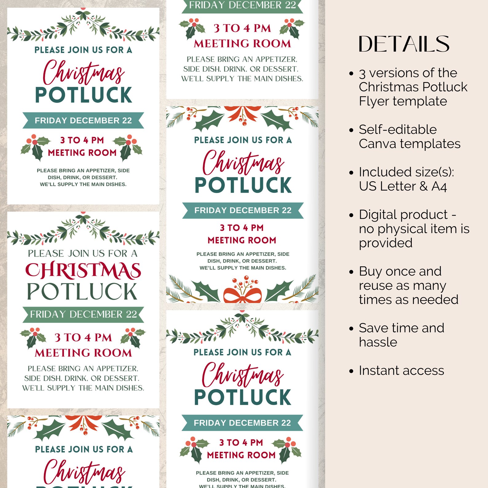 Holiday Potluck Flyer Templates, Winter Potluck Sign, Christmas Office ...