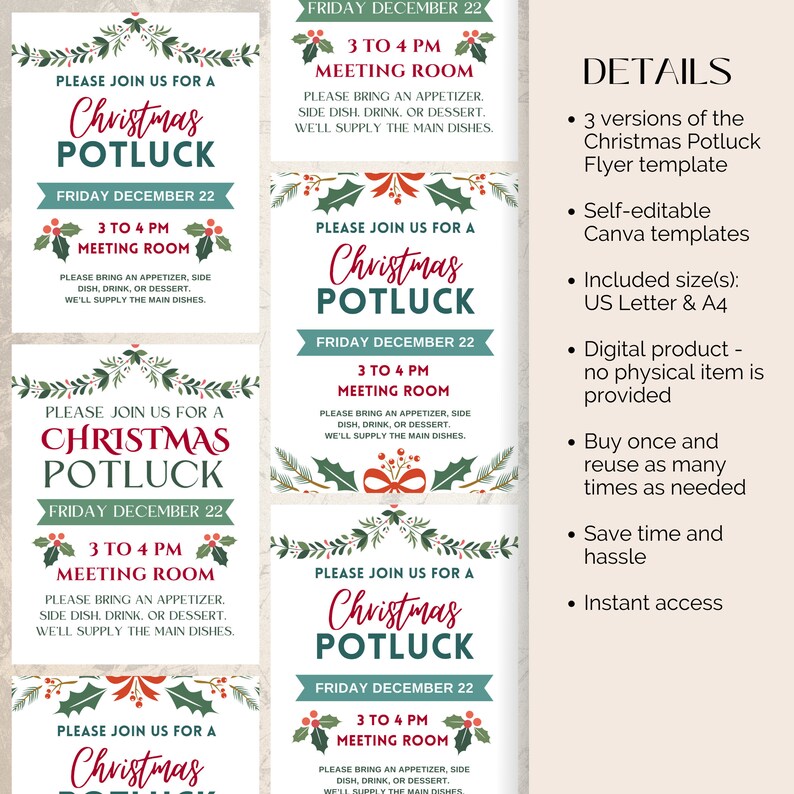 Holiday Potluck Flyer Templates, Winter Potluck Sign, Christmas Office ...