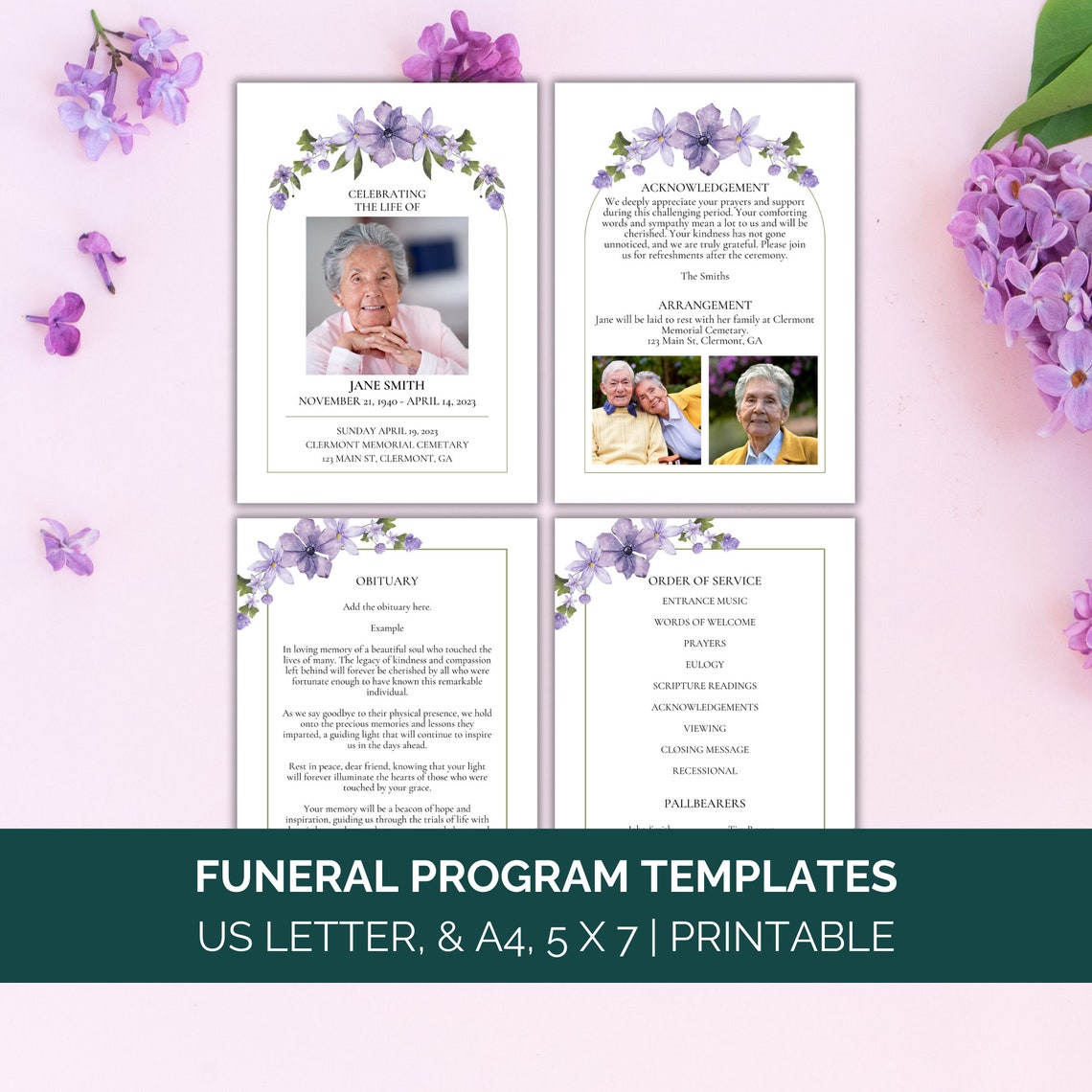 Funeral Program Template for Woman Purple, Celebration of Life Program ...