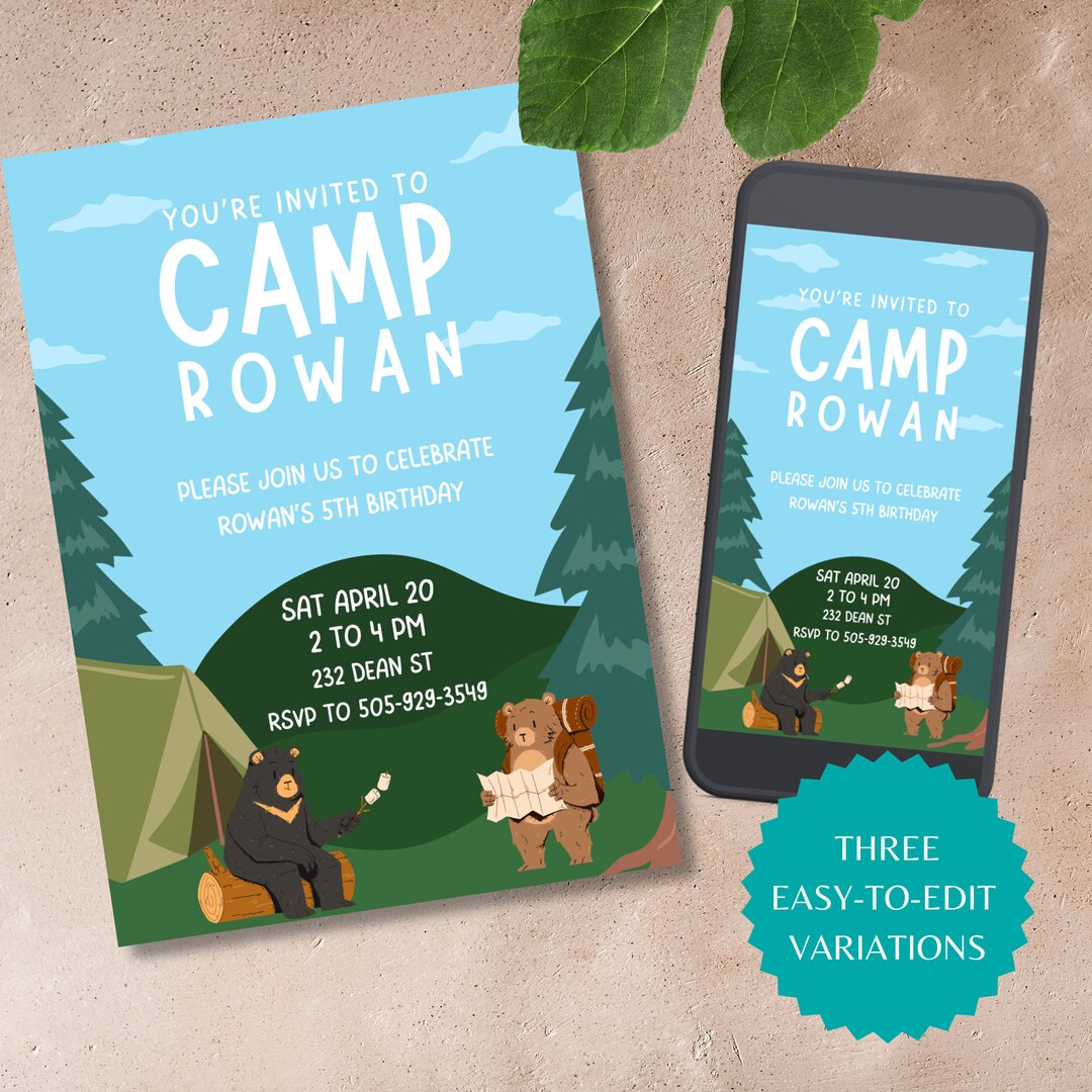 Camp Theme Birthday Invite Template Camping Theme Birthday - Etsy