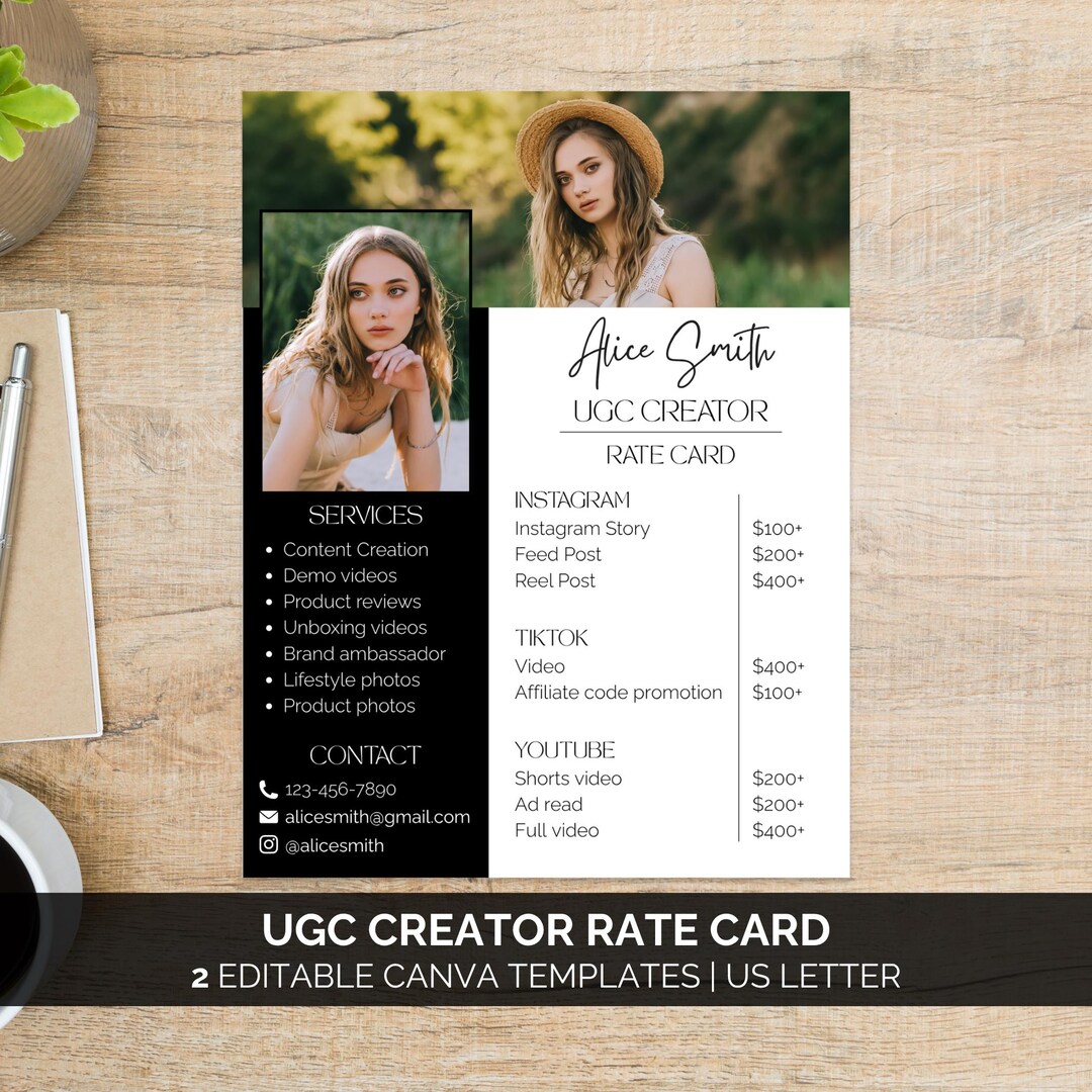 UGC Pricing Guide Sheet | UGC Rate Card Template | One Page Influencer ...
