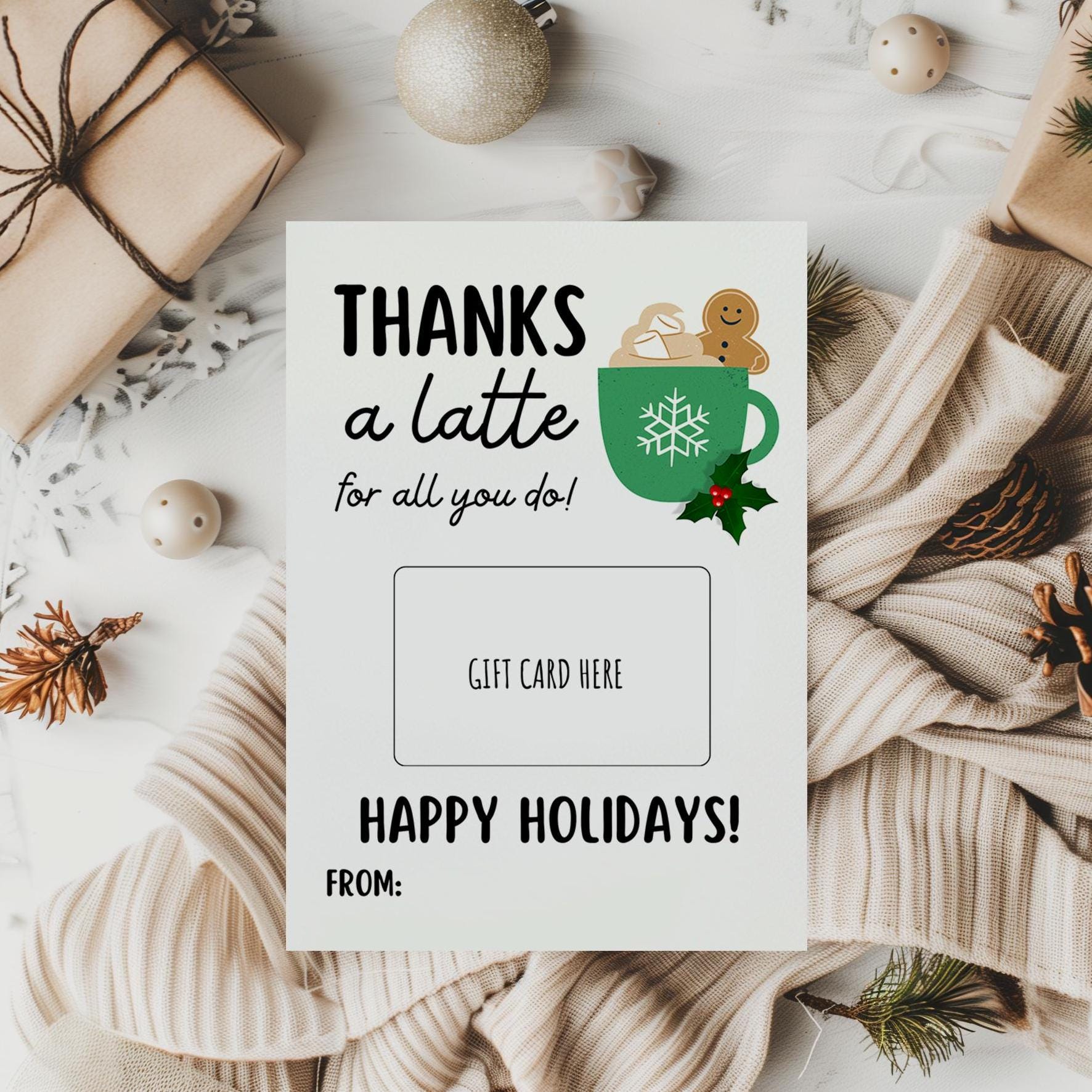Thanks A Latte Gift Card Holder Canva Template, Christmas Coffee Gift ...