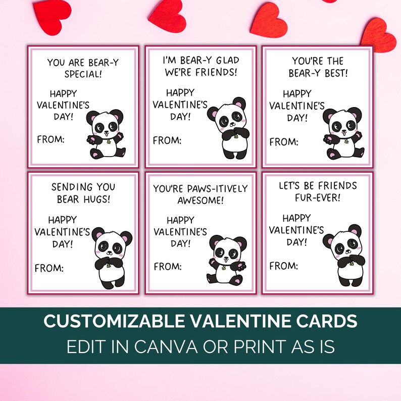 Panda Valentine's Day Cards Canva Template, Bear Valentine Tags, Cute ...