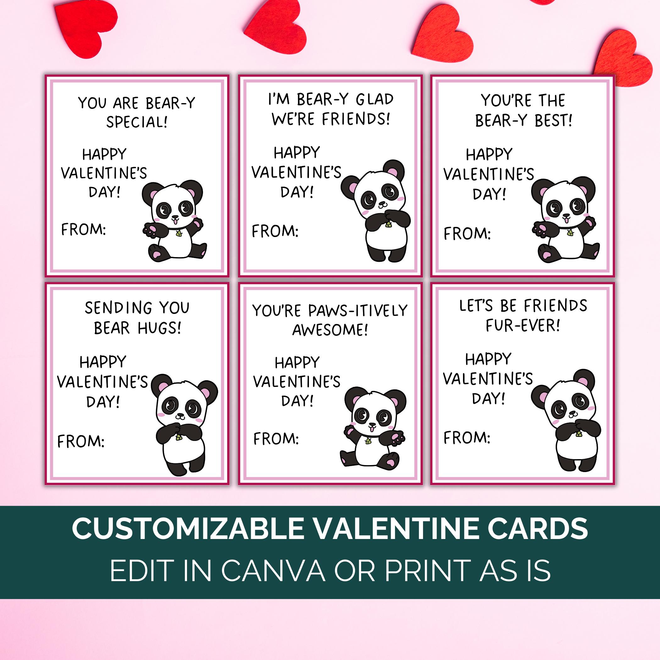 Panda Valentine's Day Cards Canva Template, Bear Valentine Tags, Cute ...