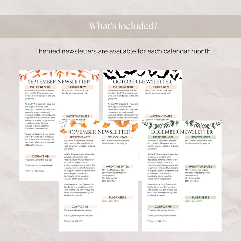 Monthly Newsletter Template, Editable PTA Yearly Newsletter Template ...