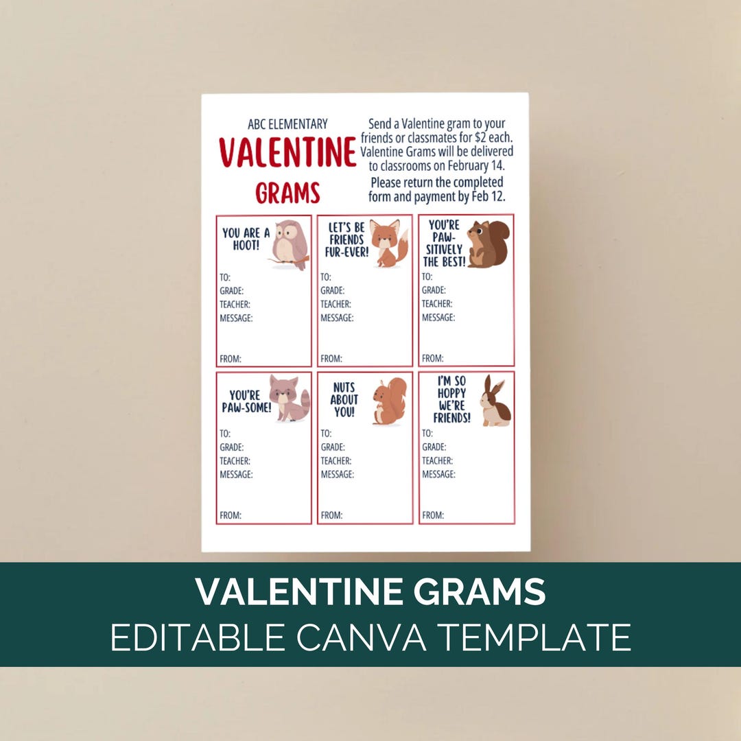 Valentines Gram Fundraiser Canva Template, Animal Valentine Candy Tag ...