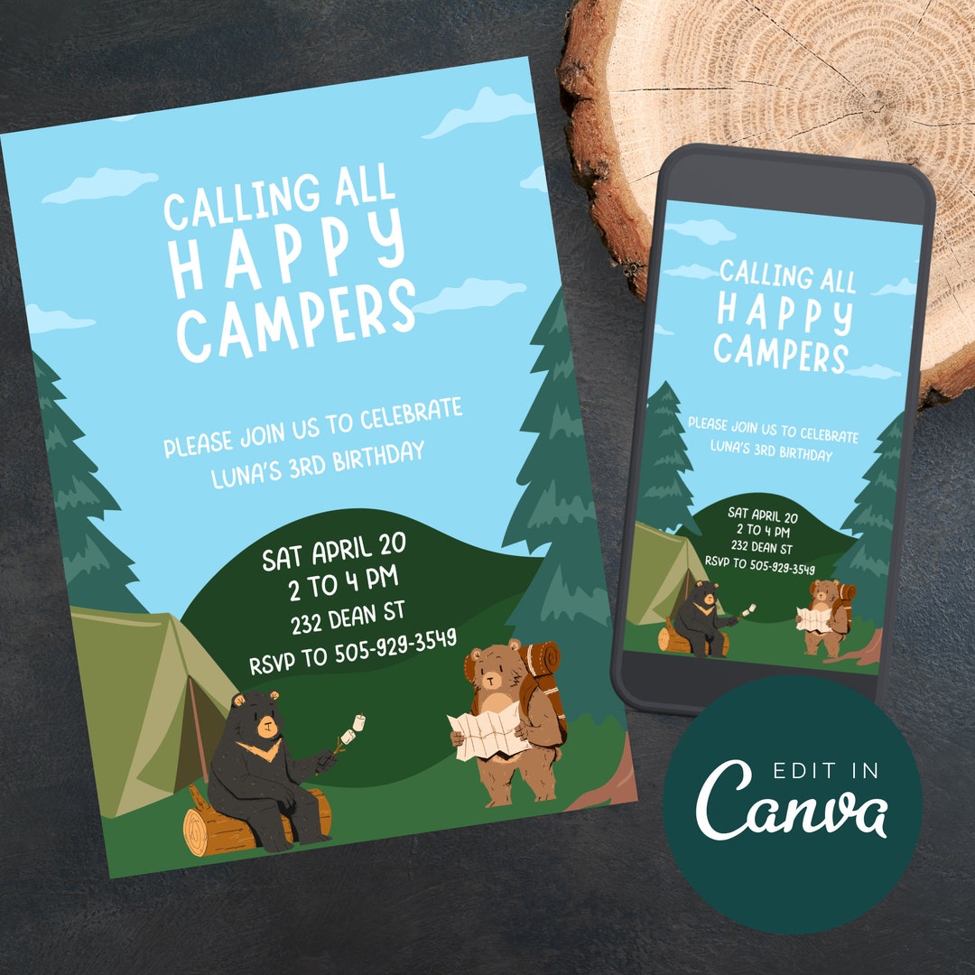 Happy Camper Birthday Invite Template, Camp Themed Birthday Invitation ...