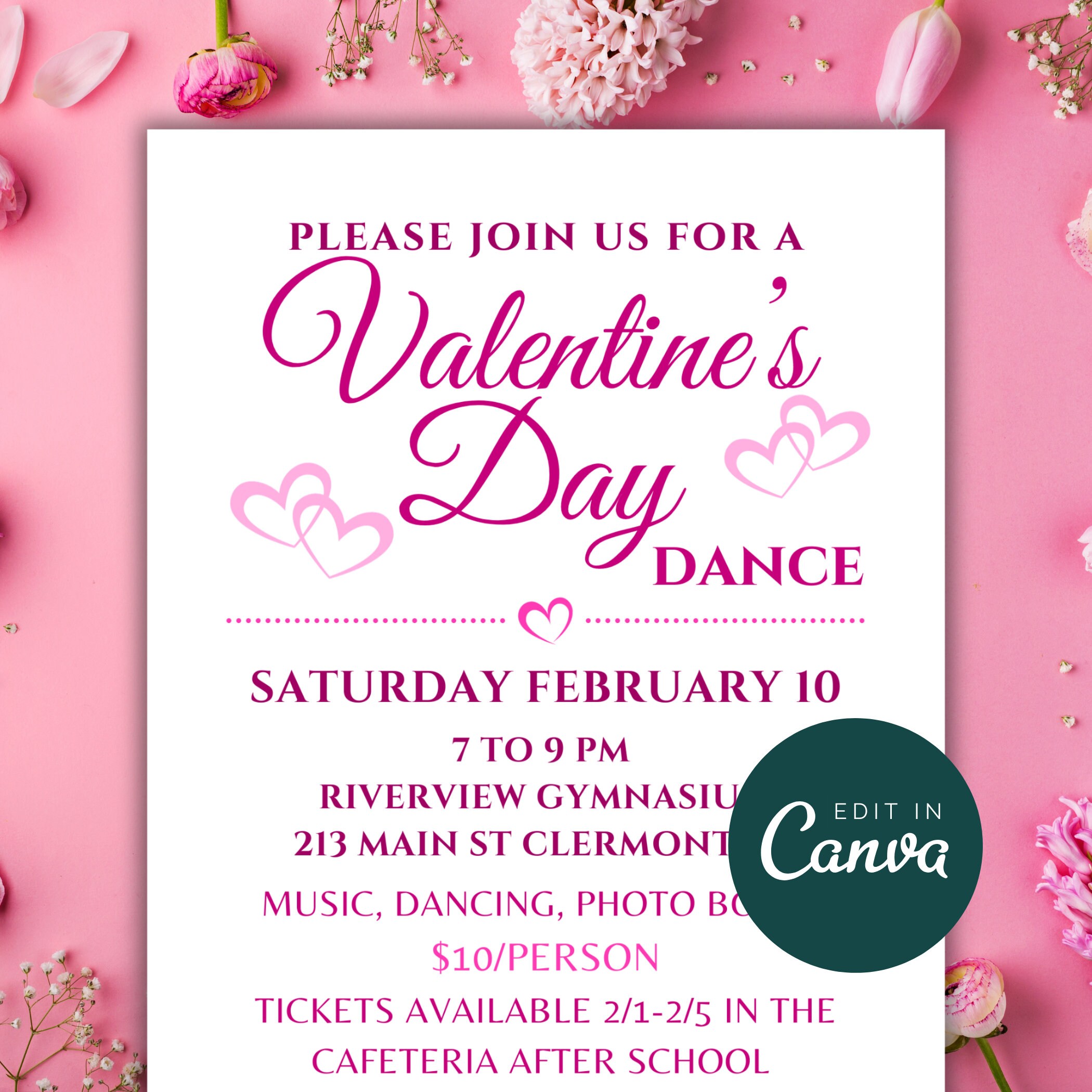 Valentines Day Flyer for Dance, Valentine School Dance Flyer, PTA Dad ...