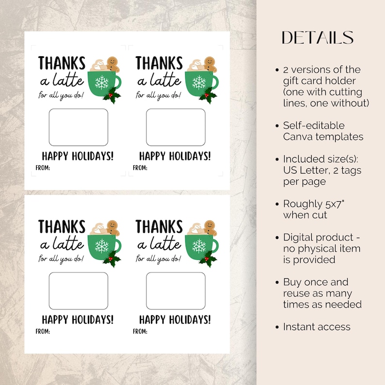 Thanks A Latte Gift Card Holder Canva Template, Christmas Coffee Gift ...