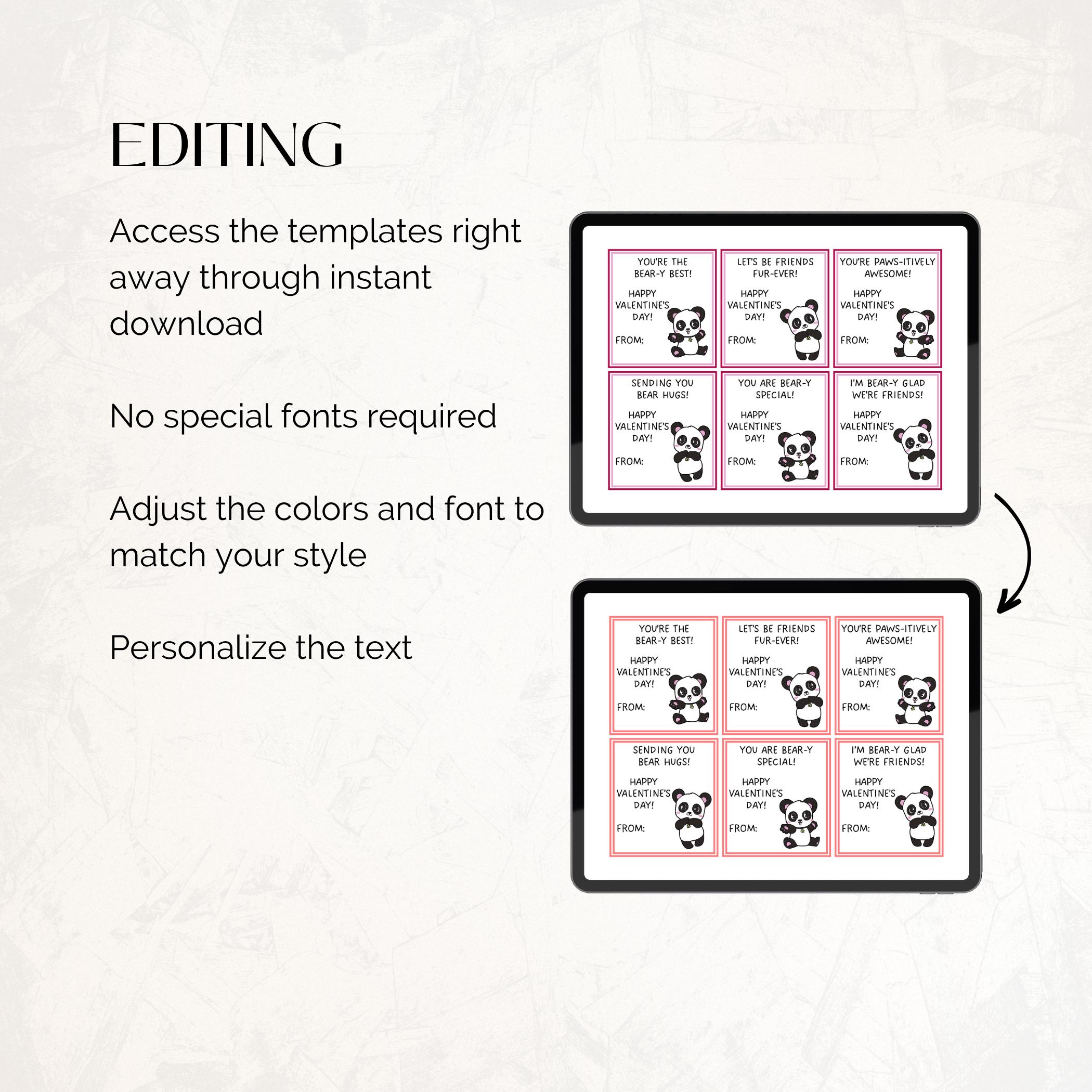 Panda Valentine's Day Cards Canva Template, Bear Valentine Tags, Cute ...