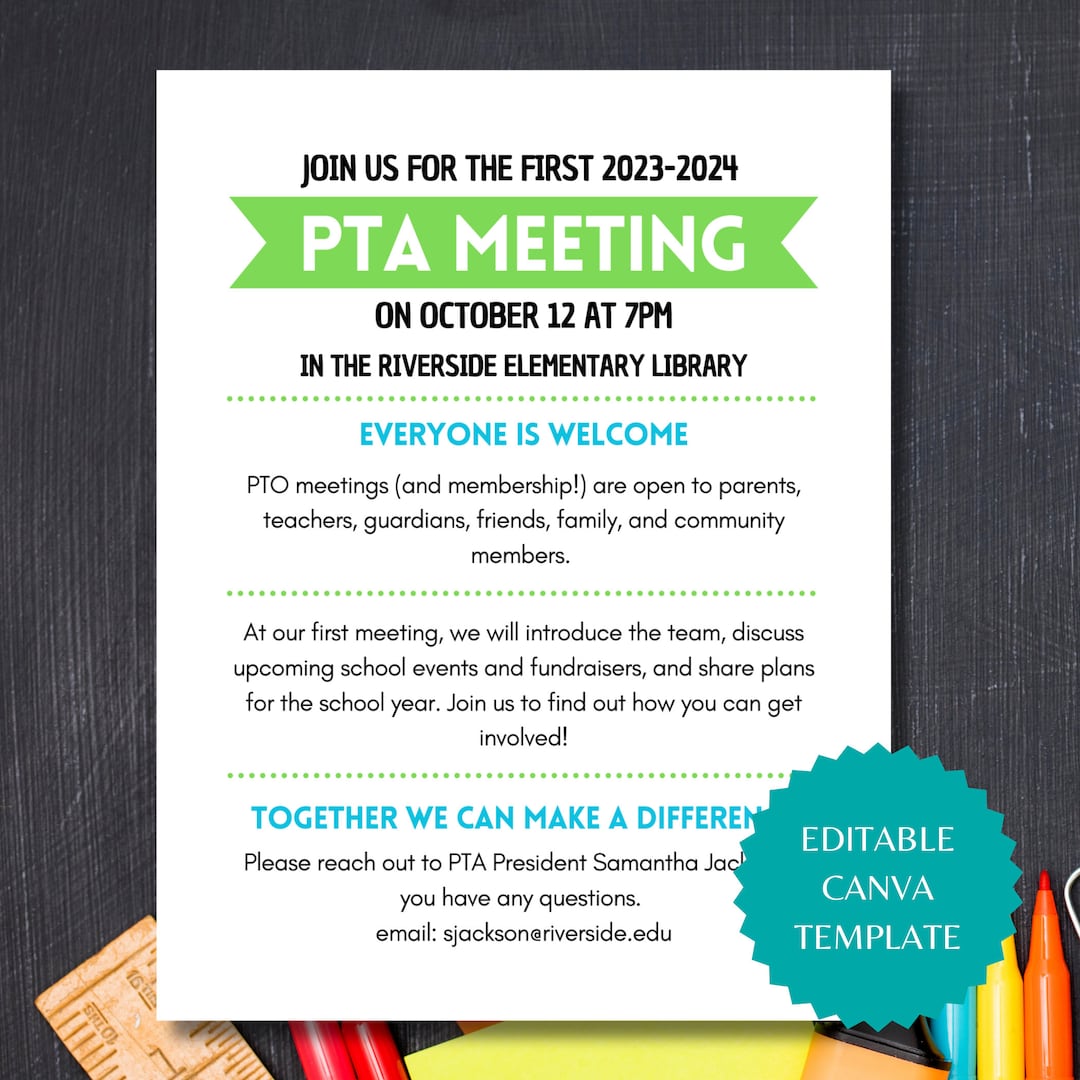 PTA Meeting Flyer Template Editable PTO Meeting Flyer - Etsy