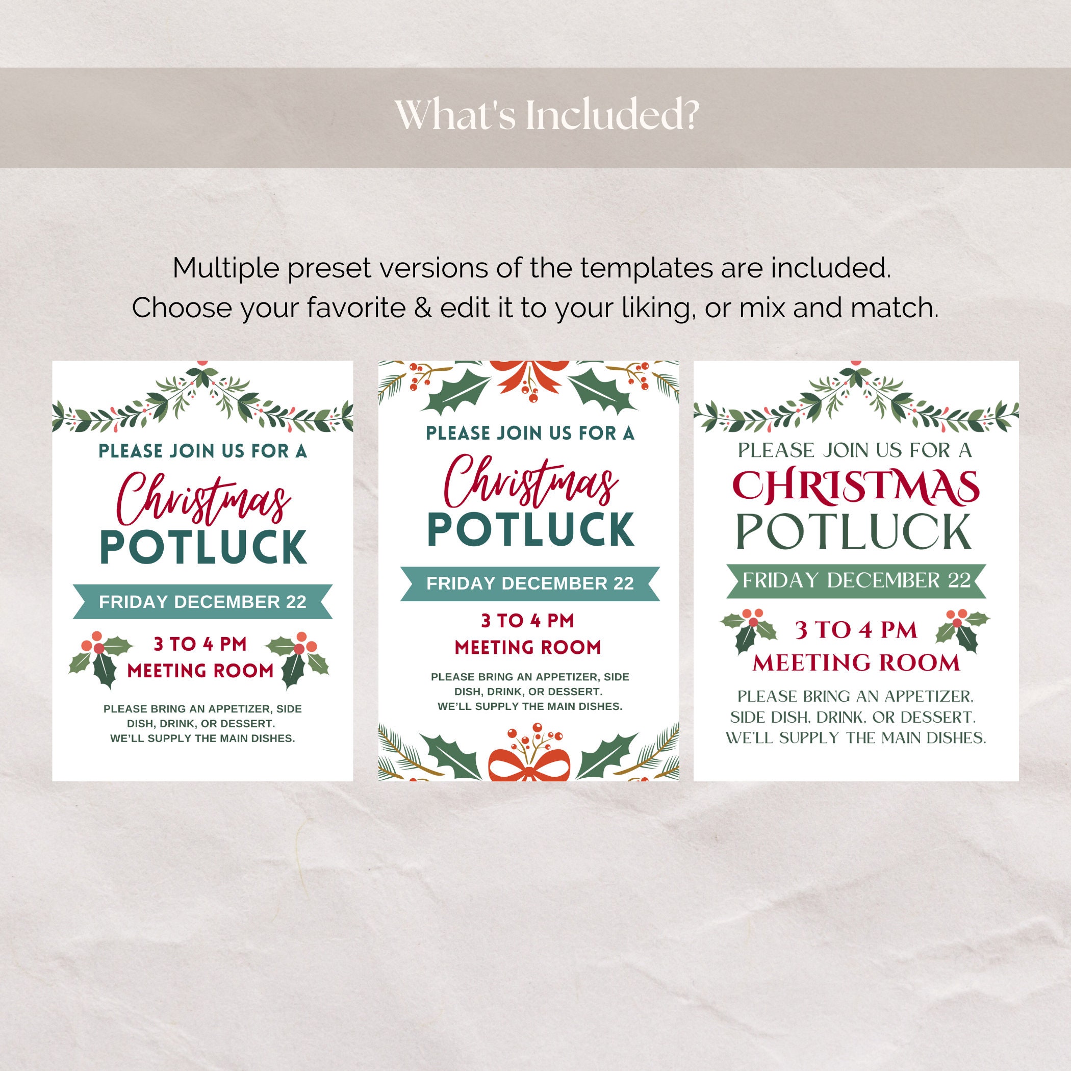Holiday Potluck Flyer Templates, Winter Potluck Sign, Christmas Office ...