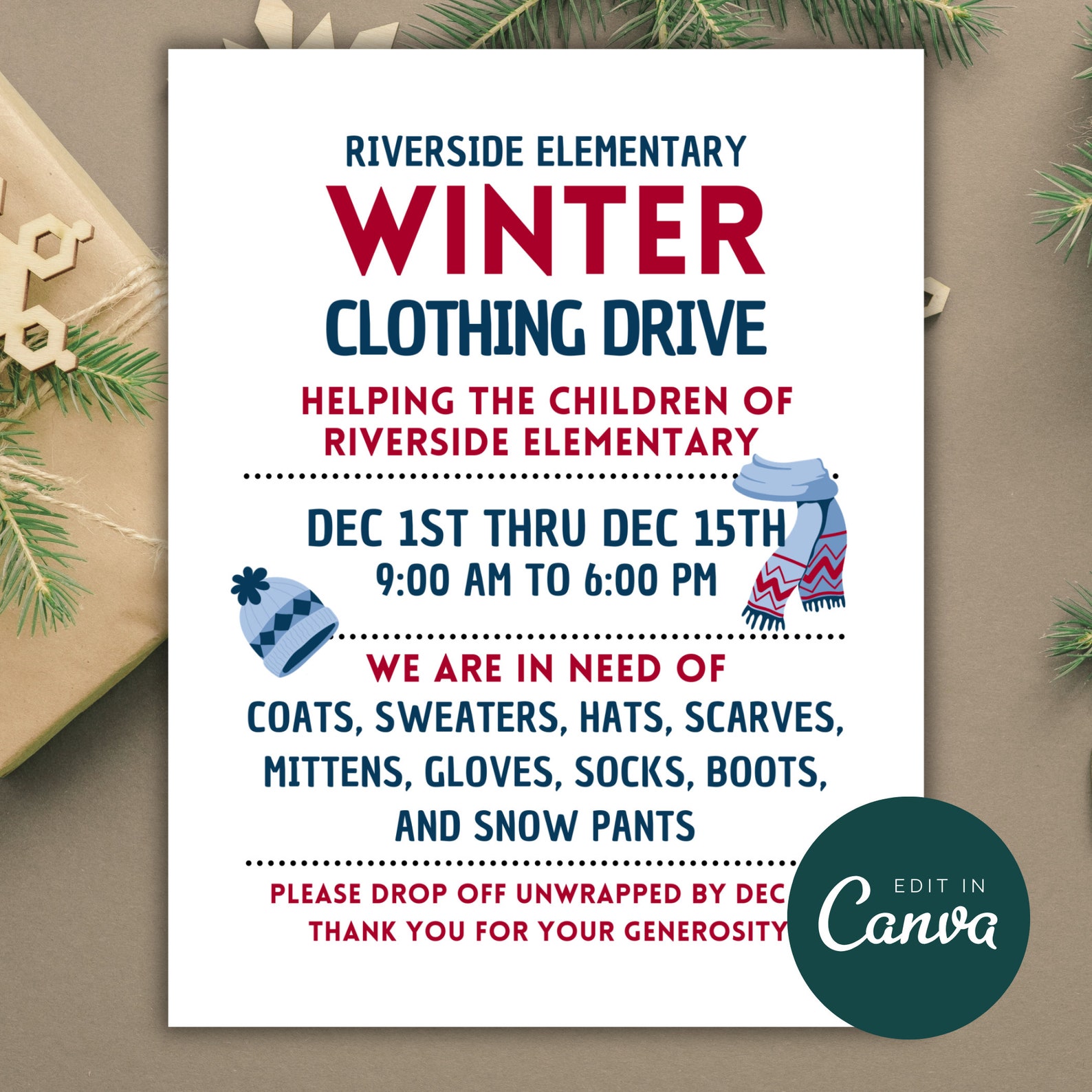 Winter Clothing Drive Flyer Template, Editable Christmas Clothing Drive ...