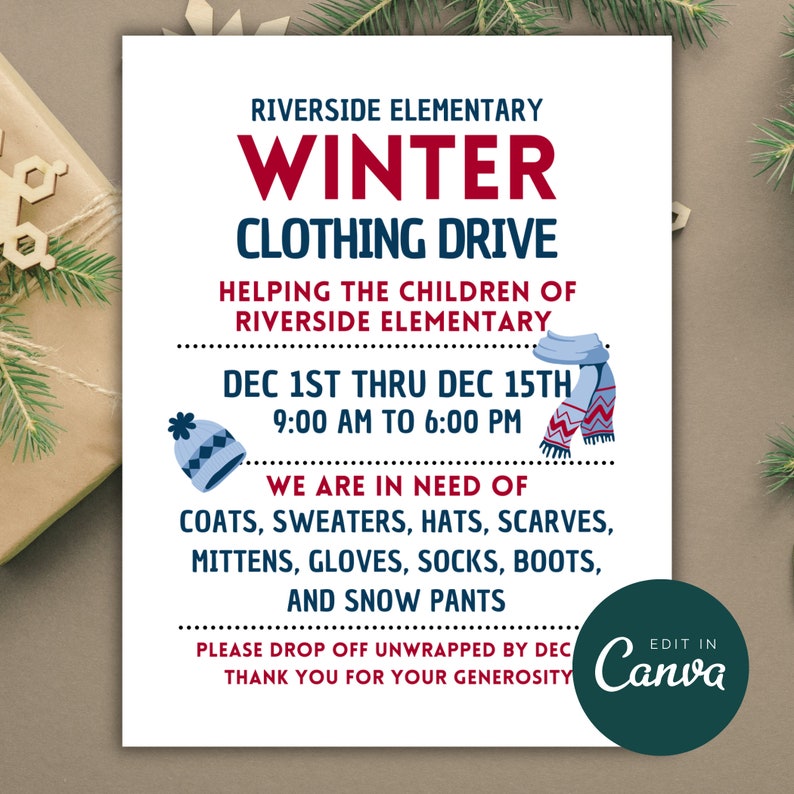 Winter Clothing Drive Flyer Template, Editable Christmas Clothing Drive ...