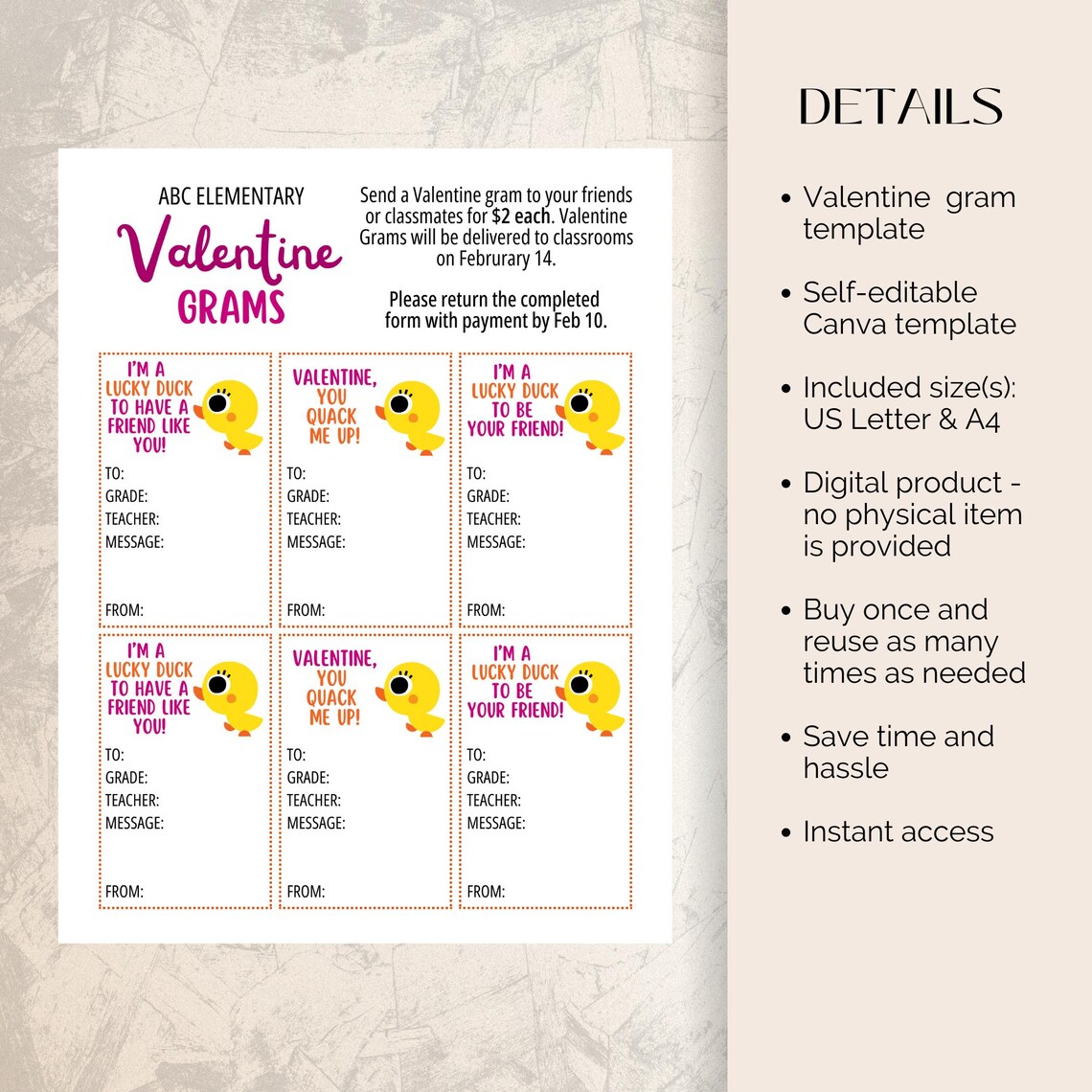 Valentine's Day Gram Canva Template, Duck Valentine Candy Fundraiser ...
