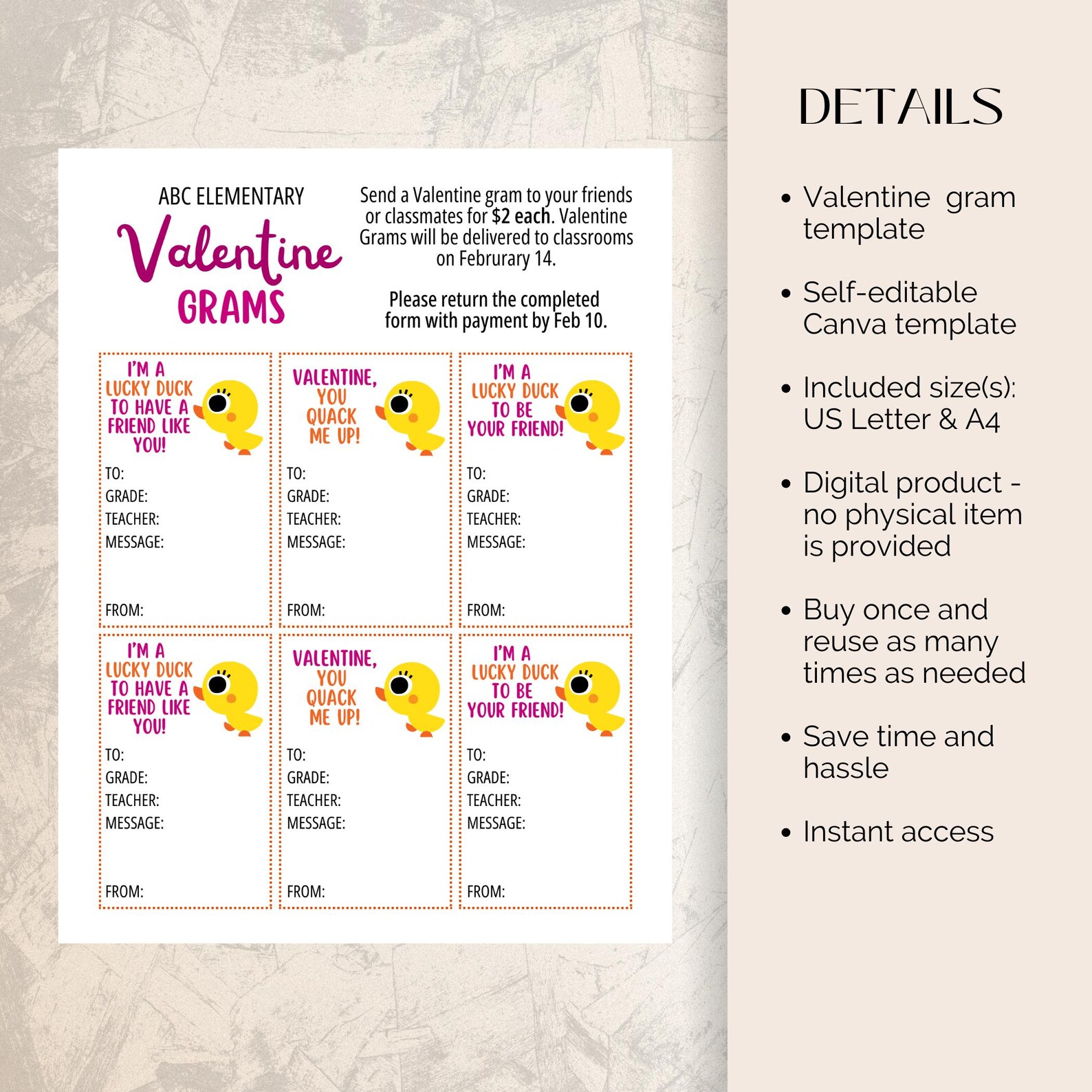 Valentine's Day Gram Canva Template, Duck Valentine Candy Fundraiser ...